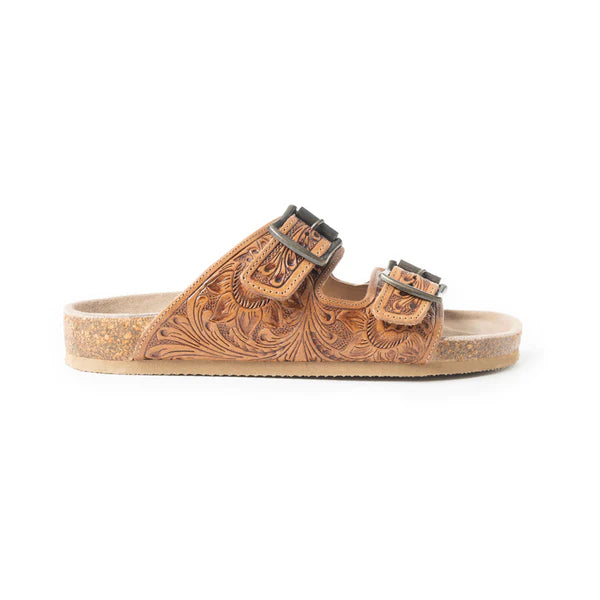 Myra Brown Floral Tooled Leather Cork Sandals – Krazy Bling